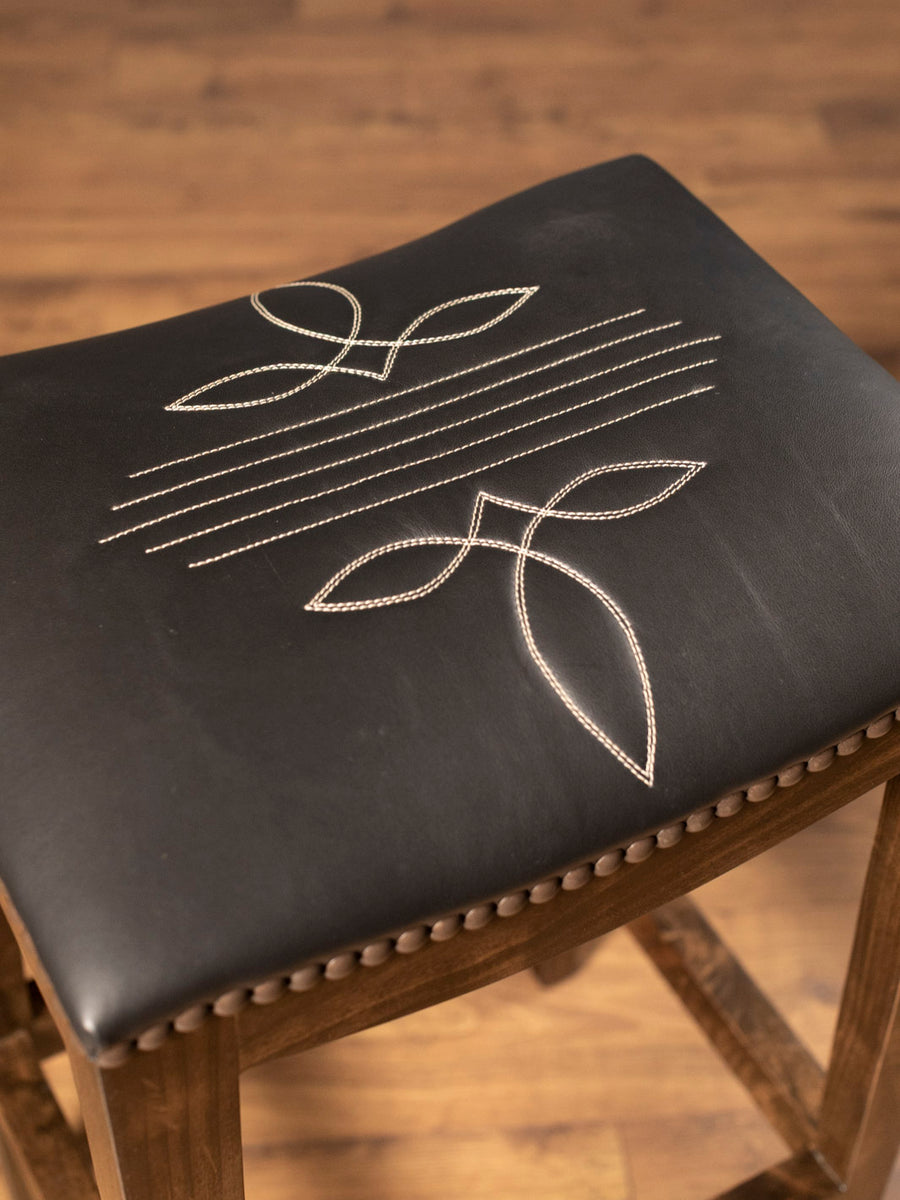 Midnight Black Leather Saddle Stool – Western Boot Stitch Bar Seat ...