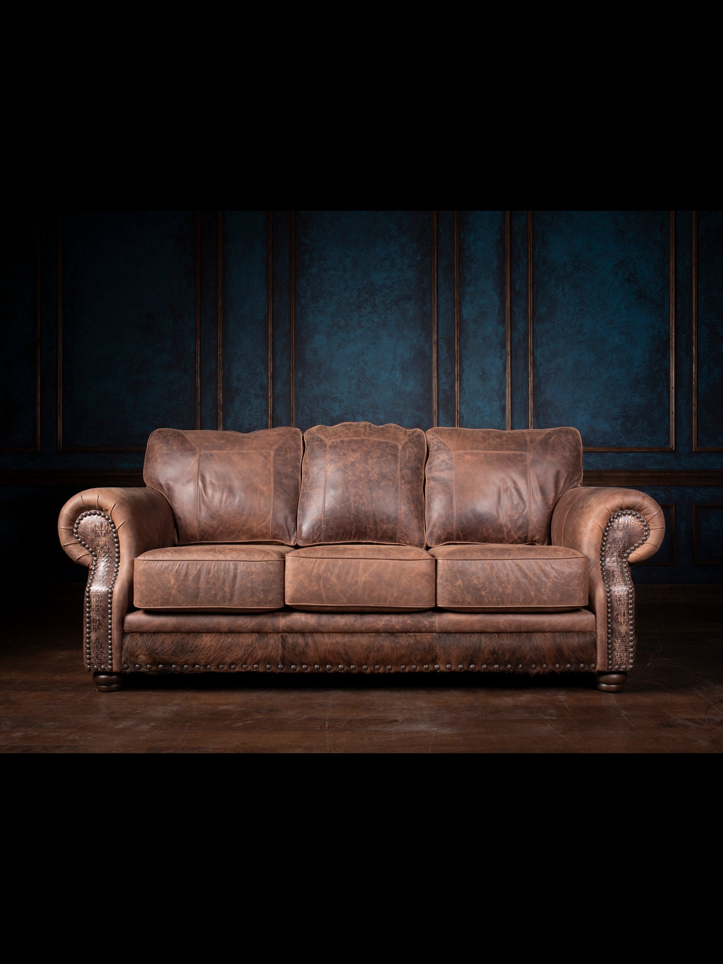 Rustic Leather Sofa with Brindle Cowhide & Embossed Trim – Runyon's ...